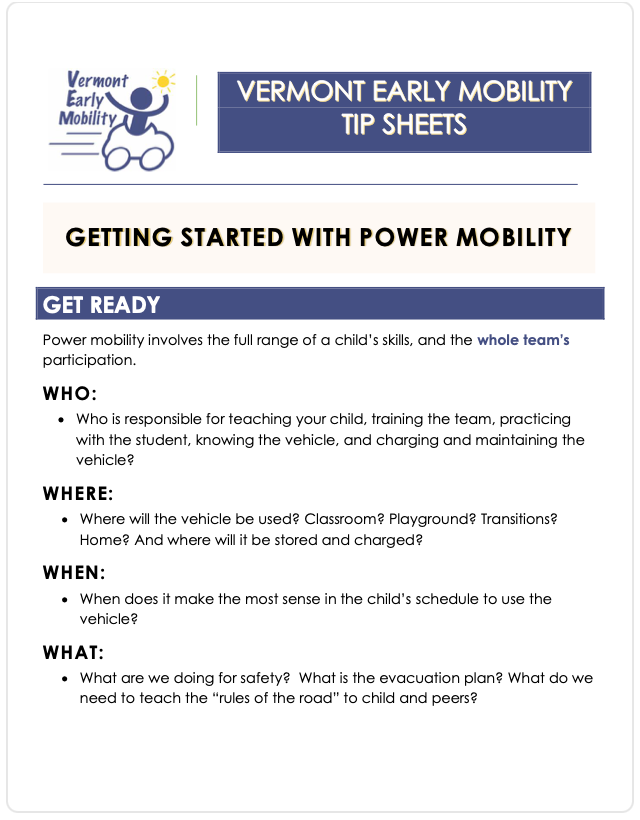 Power Mobility in Schools – Vermont Early Mobility Project (VEM) Resources