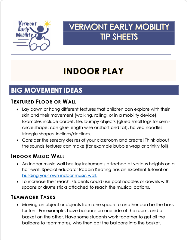 Tipsheet – Vermont Early Mobility Project (VEM) Resources